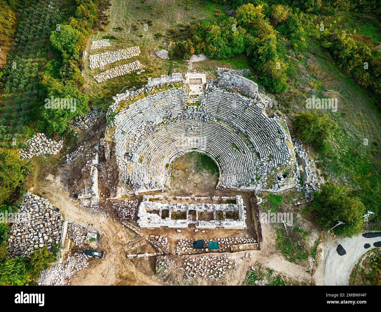 Drone view over Tlos ruins and tombs, an ancient Lycian city near the ...