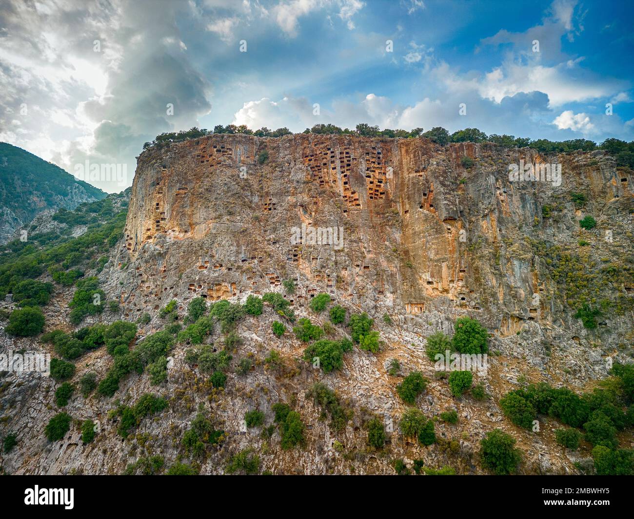 Drone view over Rock tombs of Pinara ancient city in Lycia, Antalya ...