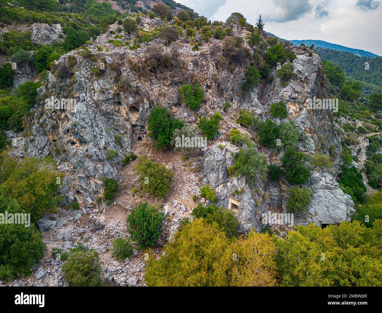 Drone view over Rock tombs of Pinara ancient city in Lycia, Antalya ...