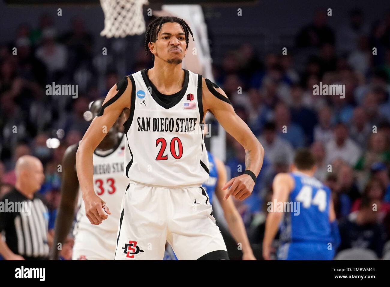San Diego State guard Chad Baker-Mazara celebrates during a first-round ...