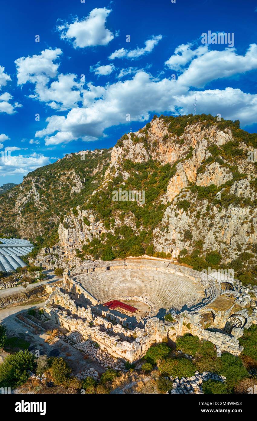 Ruins of ancient city Myra in Demre, Turkey Aerial Top view photo by drone Stock Photo - Alamy