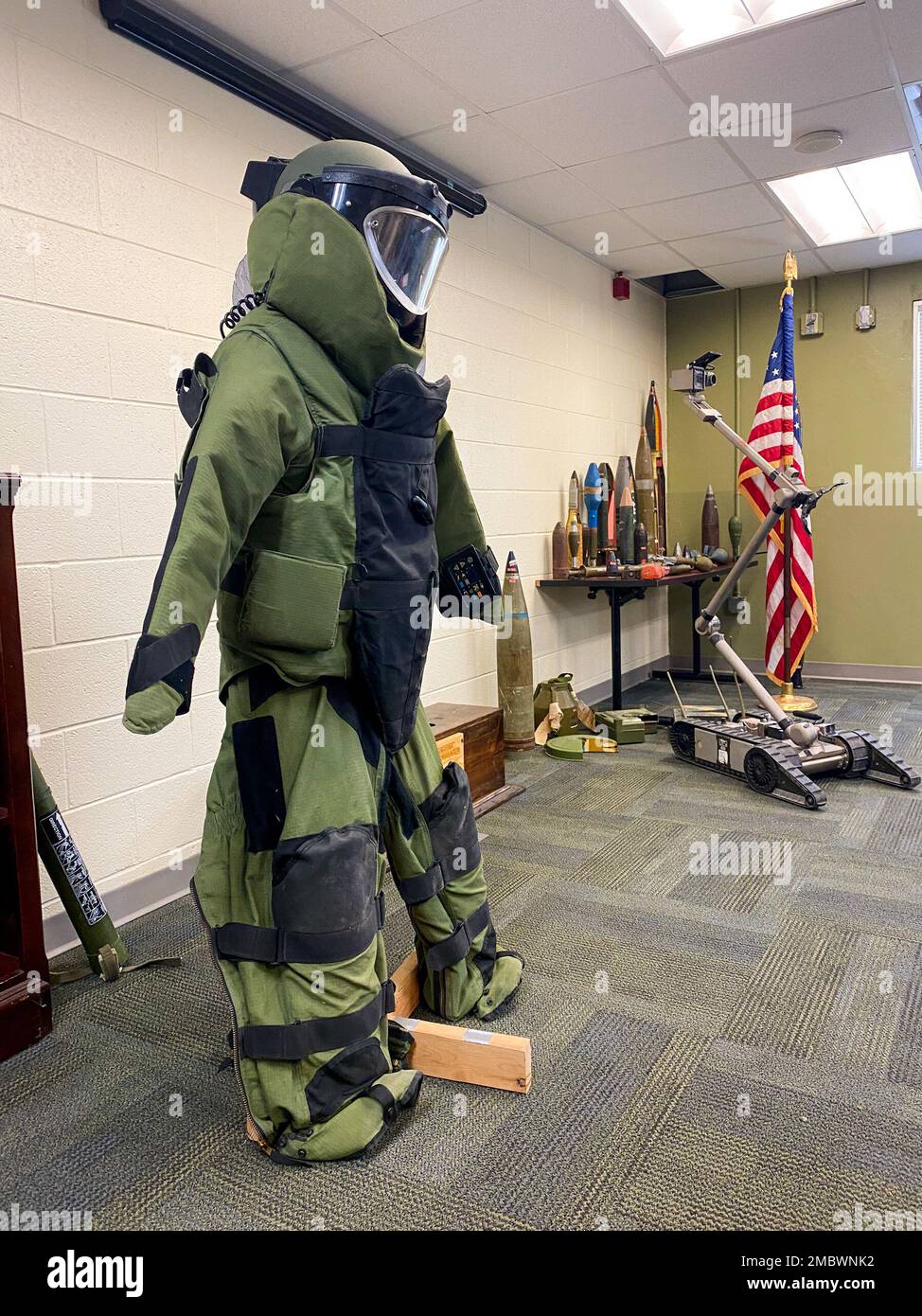 The bomb suit, commonly referred to as the “Michelin Man suit” because ...