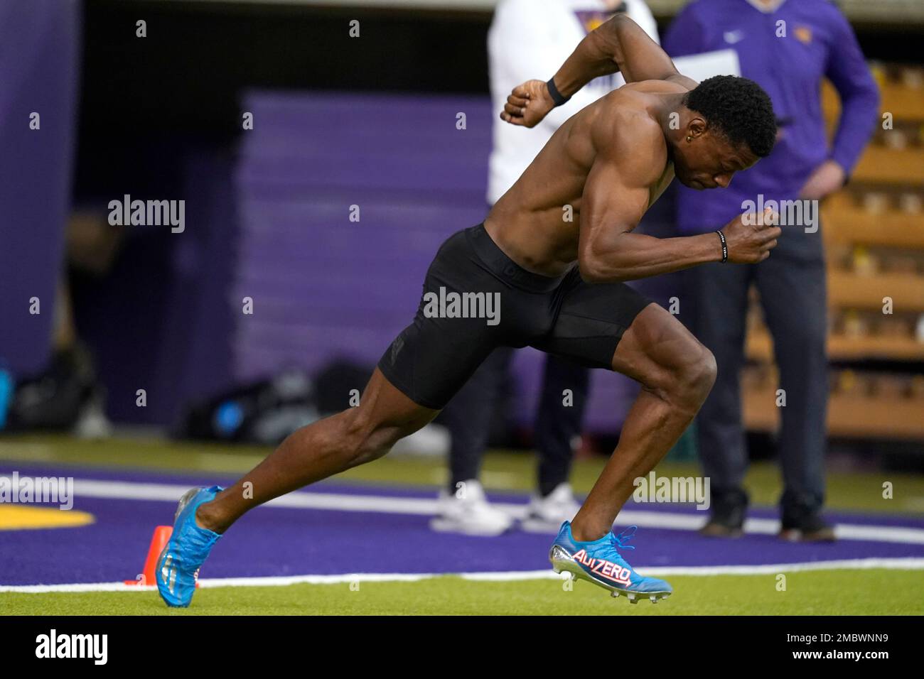 Northern Iowa defensive back Austin Evans runs the 40-meter dash at an ...