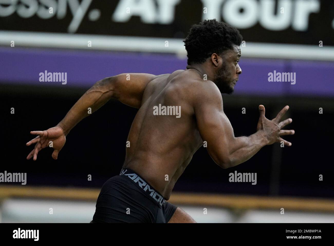 Northern Iowa running back Bradrick Shaw runs the 40-yard dash at an ...