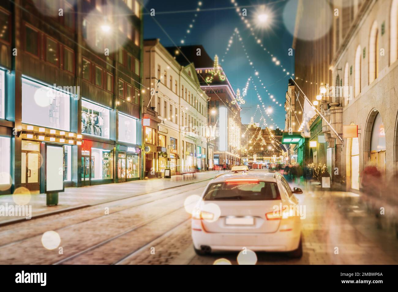Helsinki, Finland. Taxi Car Parking On Aleksanterinkatu Street. Effect ...