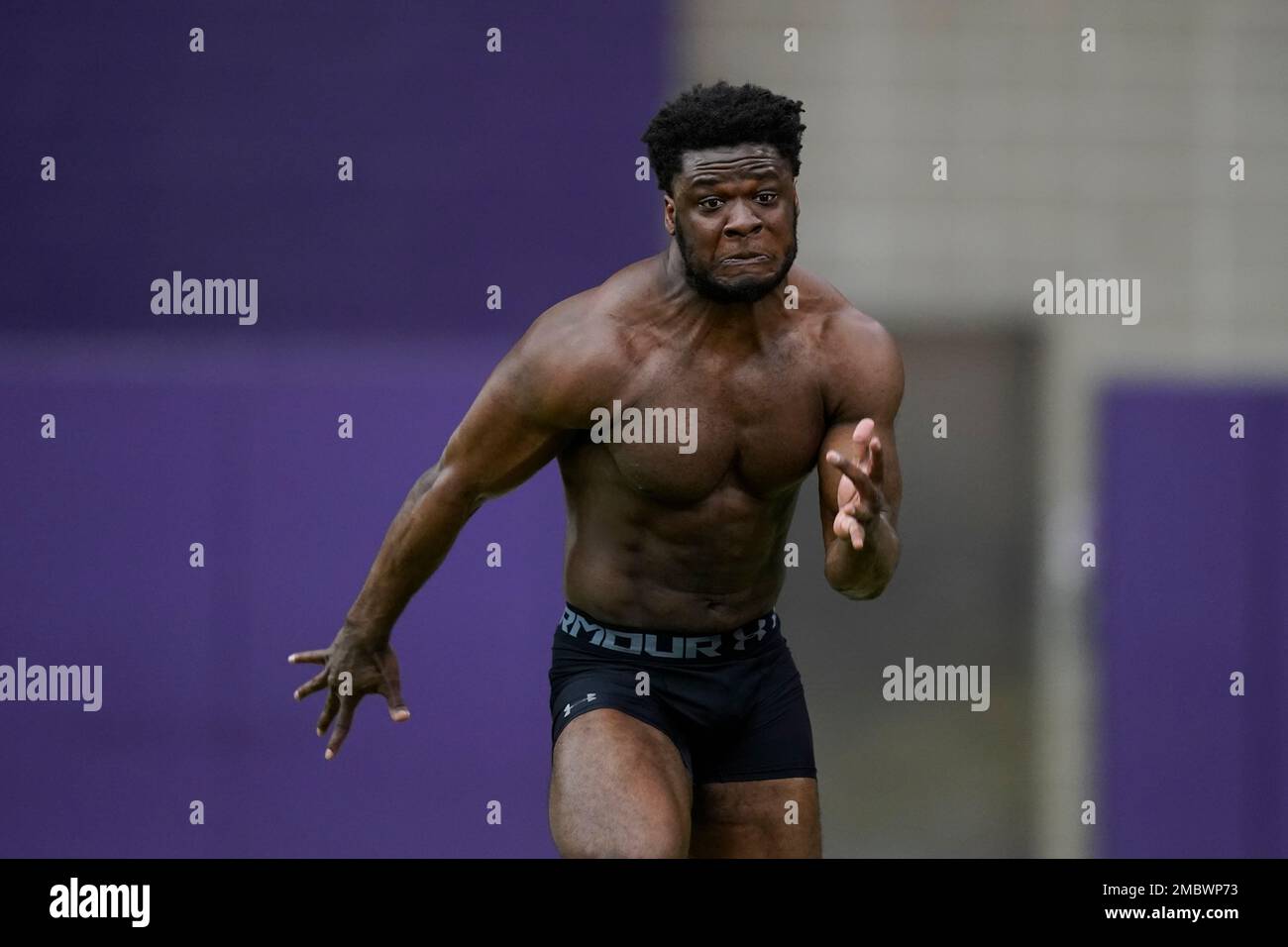 Northern Iowa running back Bradrick Shaw runs the 40-yard dash at an ...