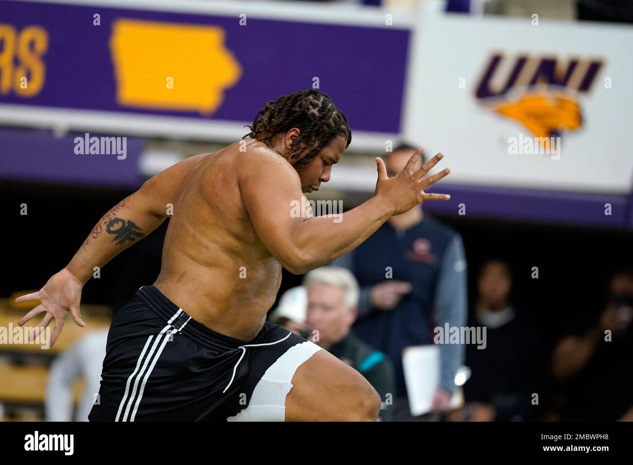 Northern Iowa offensive lineman Antione Frazier runs the 40-yard dash ...