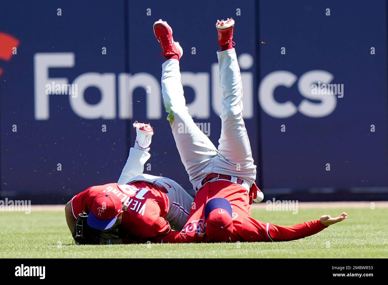 Philadelphia Phillies center fielder Matt Vierling, left, and right ...