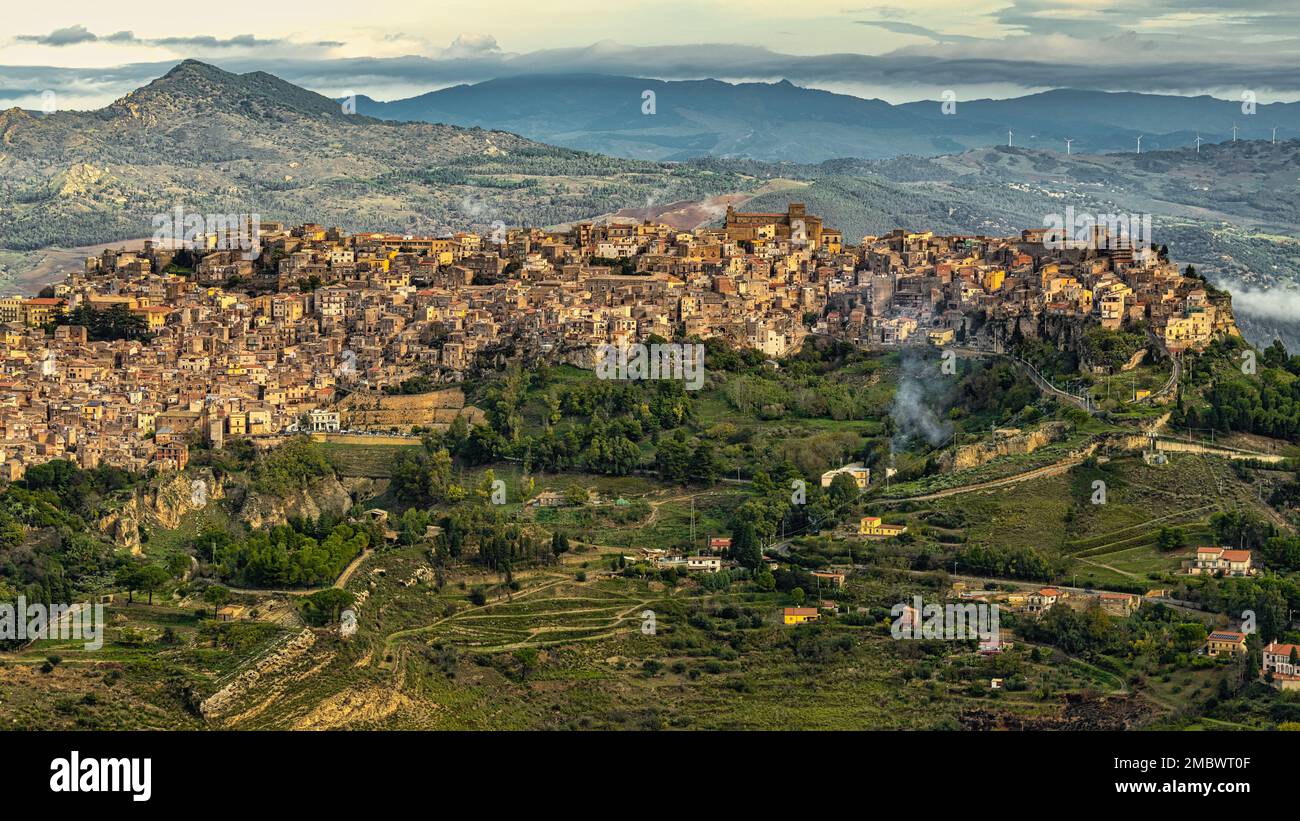 Panorama of the Sicilian village of Calascibetta with mountains and ...