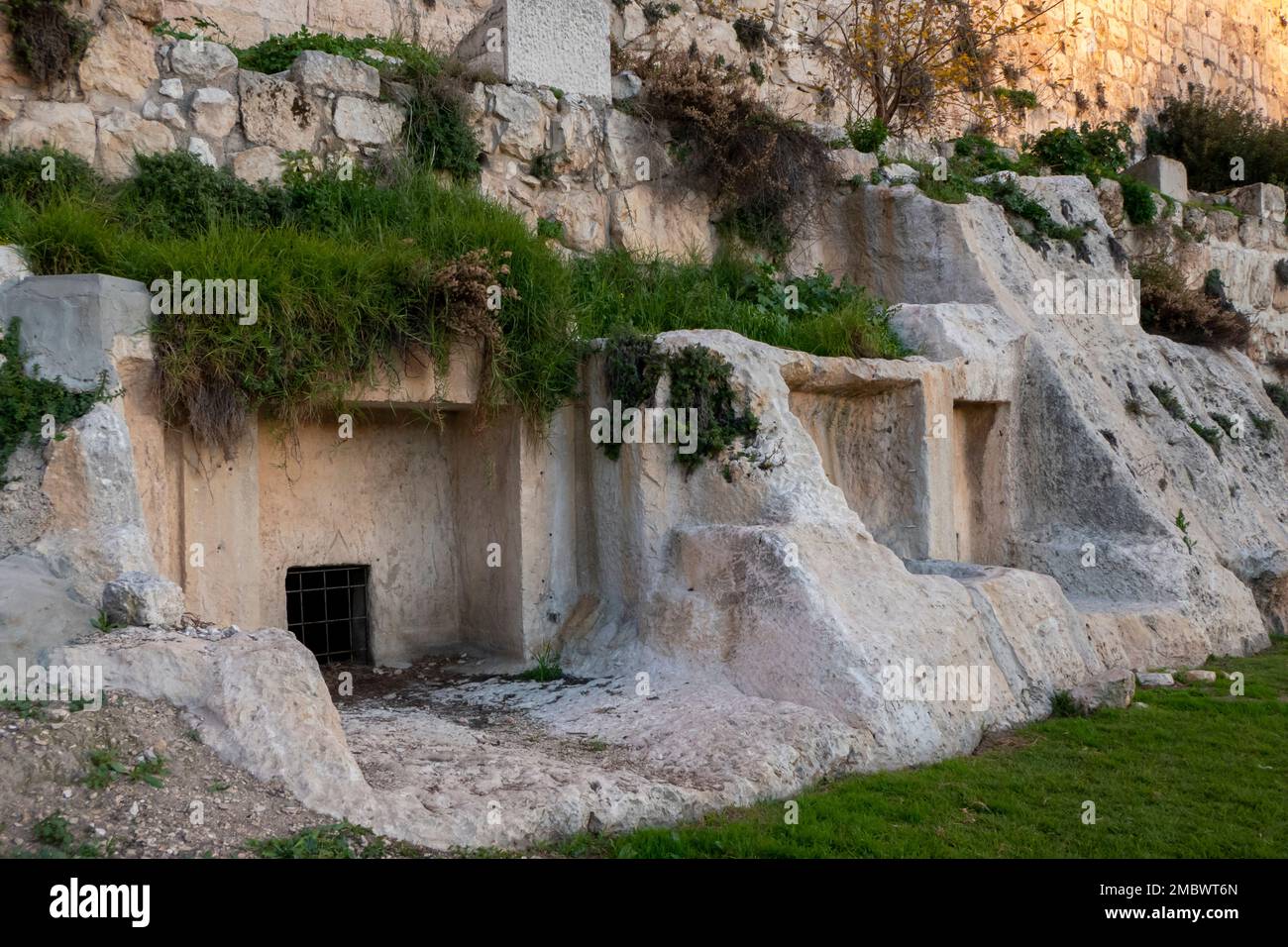 View of ancient burial caves from the late first Jewish temple located ...