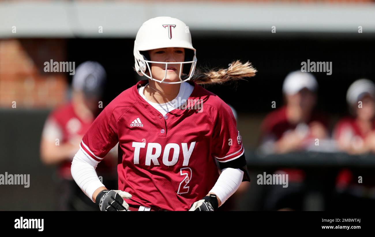 Troy outfielder Anslee Finch (2) runs to first during an NCAA softball ...