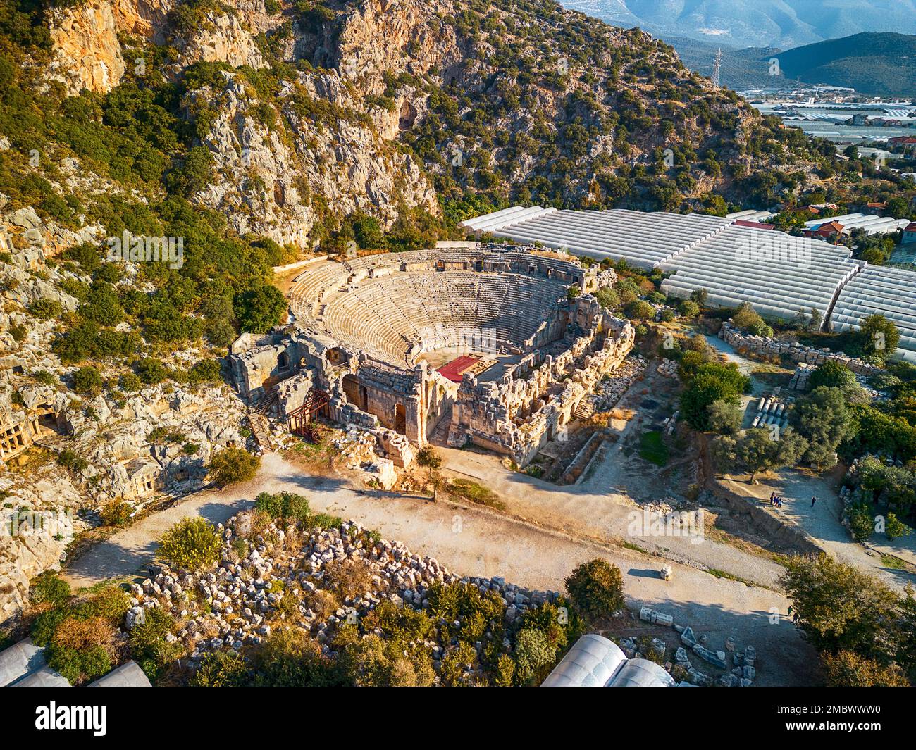 Ruins of ancient city Myra in Demre, Turkey Aerial Top view photo by drone Stock Photo - Alamy