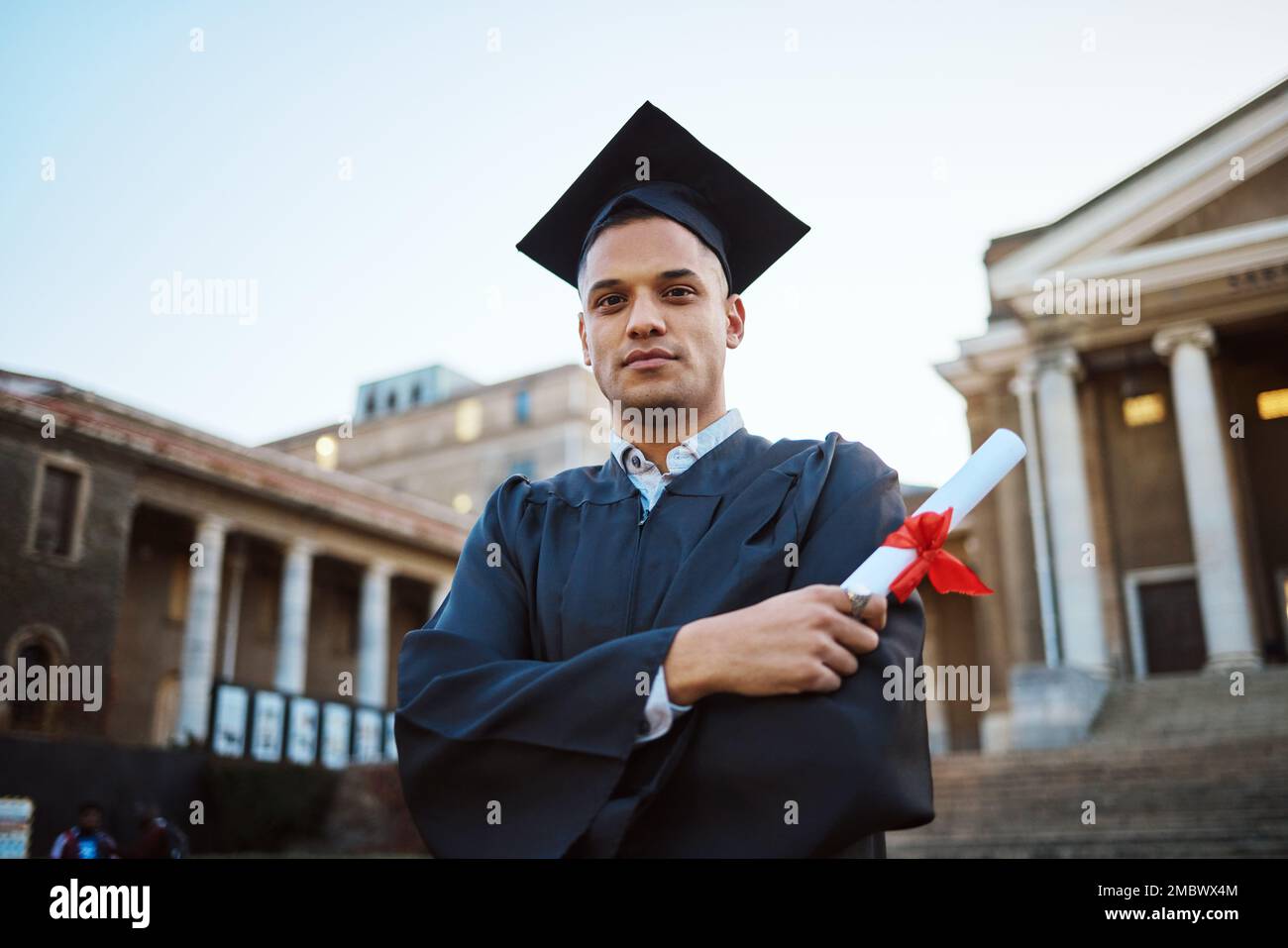 Student graduation, portrait and man with certificate, diploma or ...