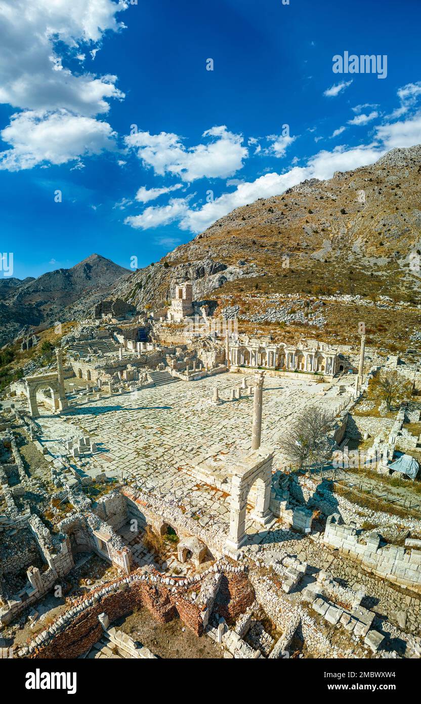Amazing aerial view of the roman amphitheater in the ancient Sagalassos ...