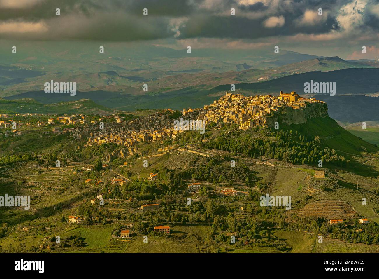 Panorama of the Sicilian village of Calascibetta with mountains and ...