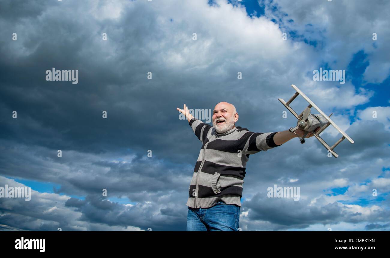 happy retirement. retired old man. senior man at retirement on sky ...