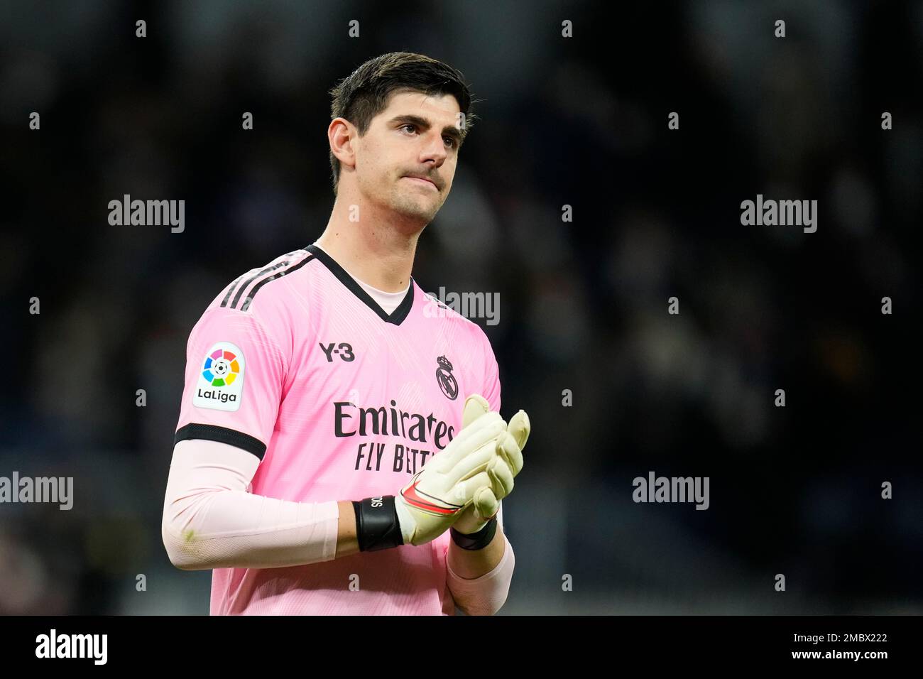 Real Madrid's goalkeeper Thibaut Courtois applauds fans at the end of ...