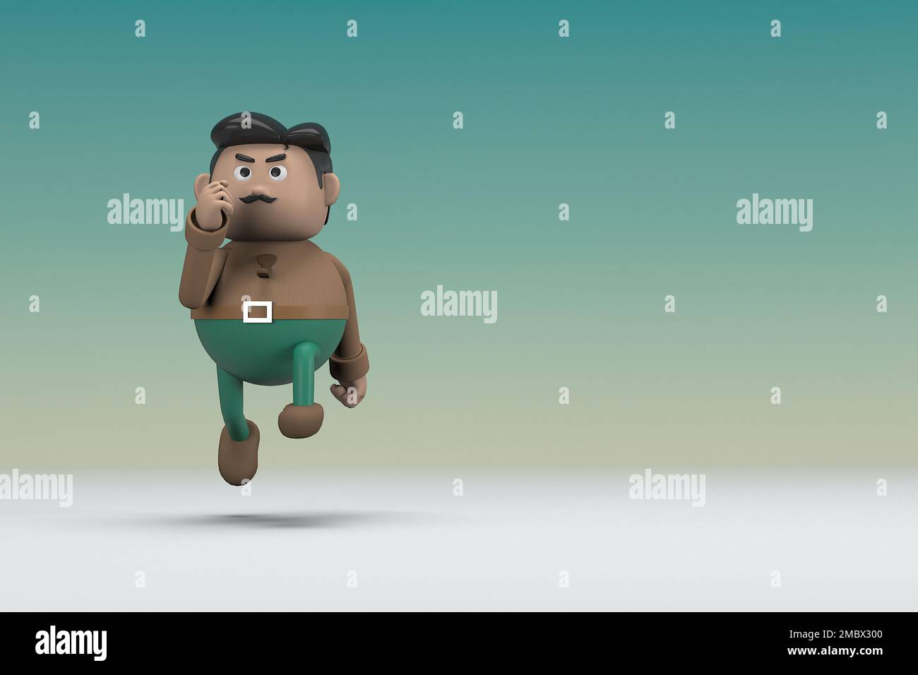 The man with mustache wearing a brown long shirt green pants. He is ...