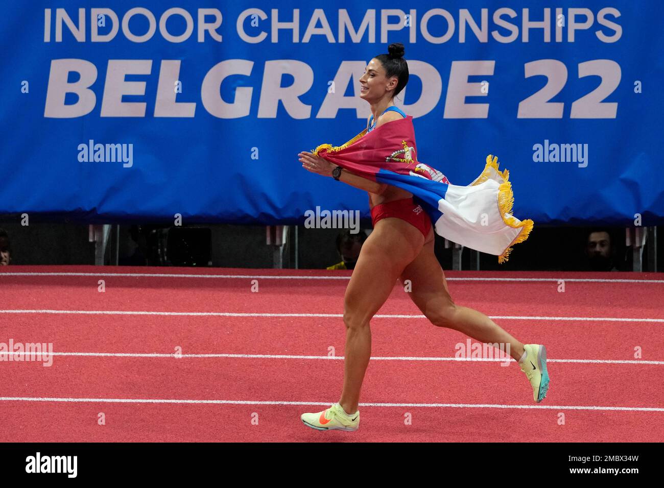 Ivana Vuleta, of Serbia, celebrates after winning the Women's long jump ...