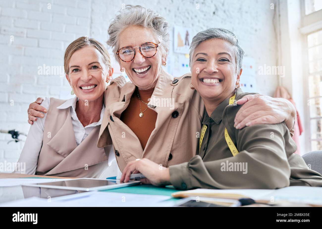 Designer team, portrait and happy business group of fashion marketing ...