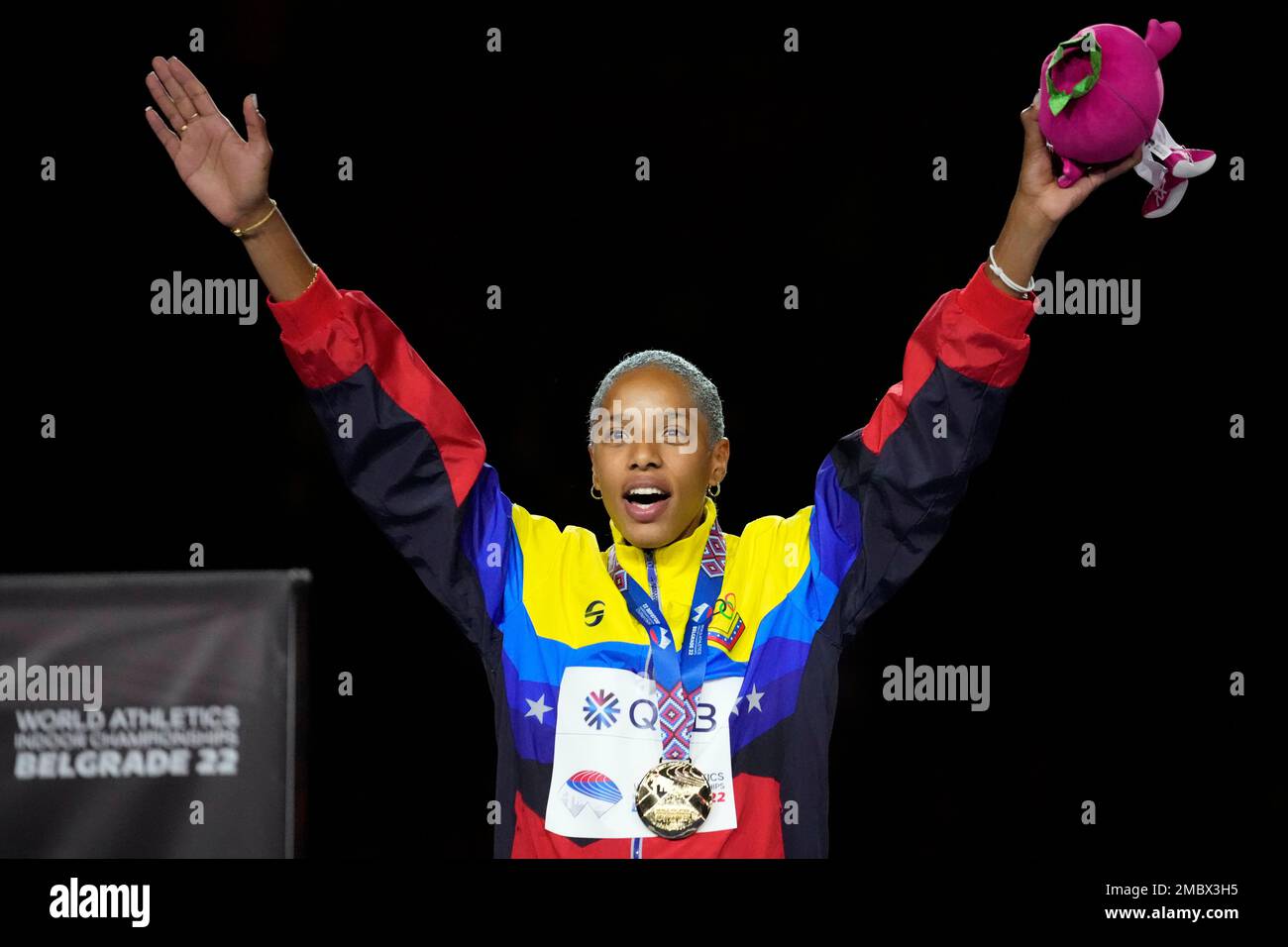 Yulimar Rojas, of Venezuela, celebrates with her medal after winning ...