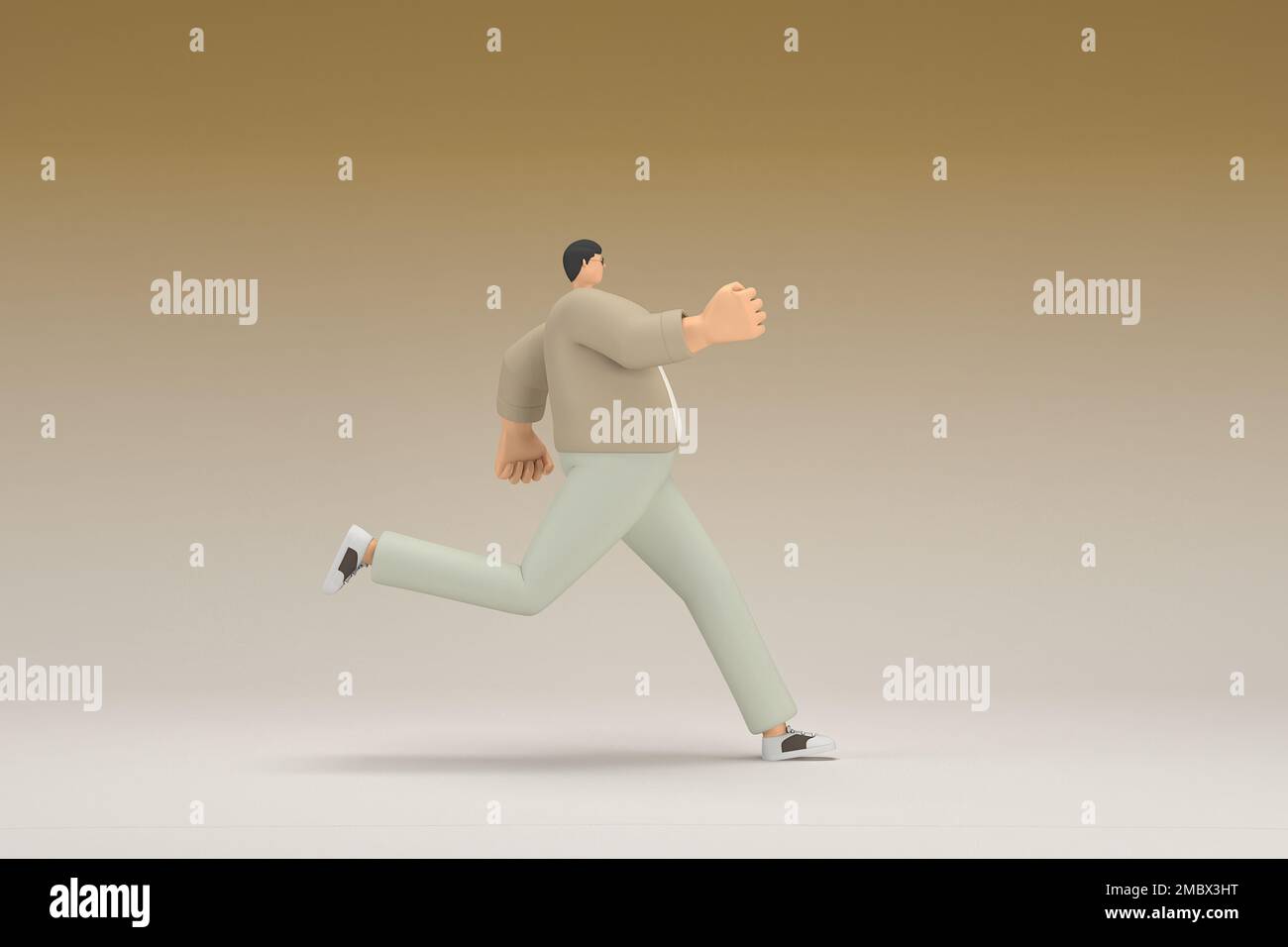 A man with glasses wearing brown cloth is running. 3d rendering of ...