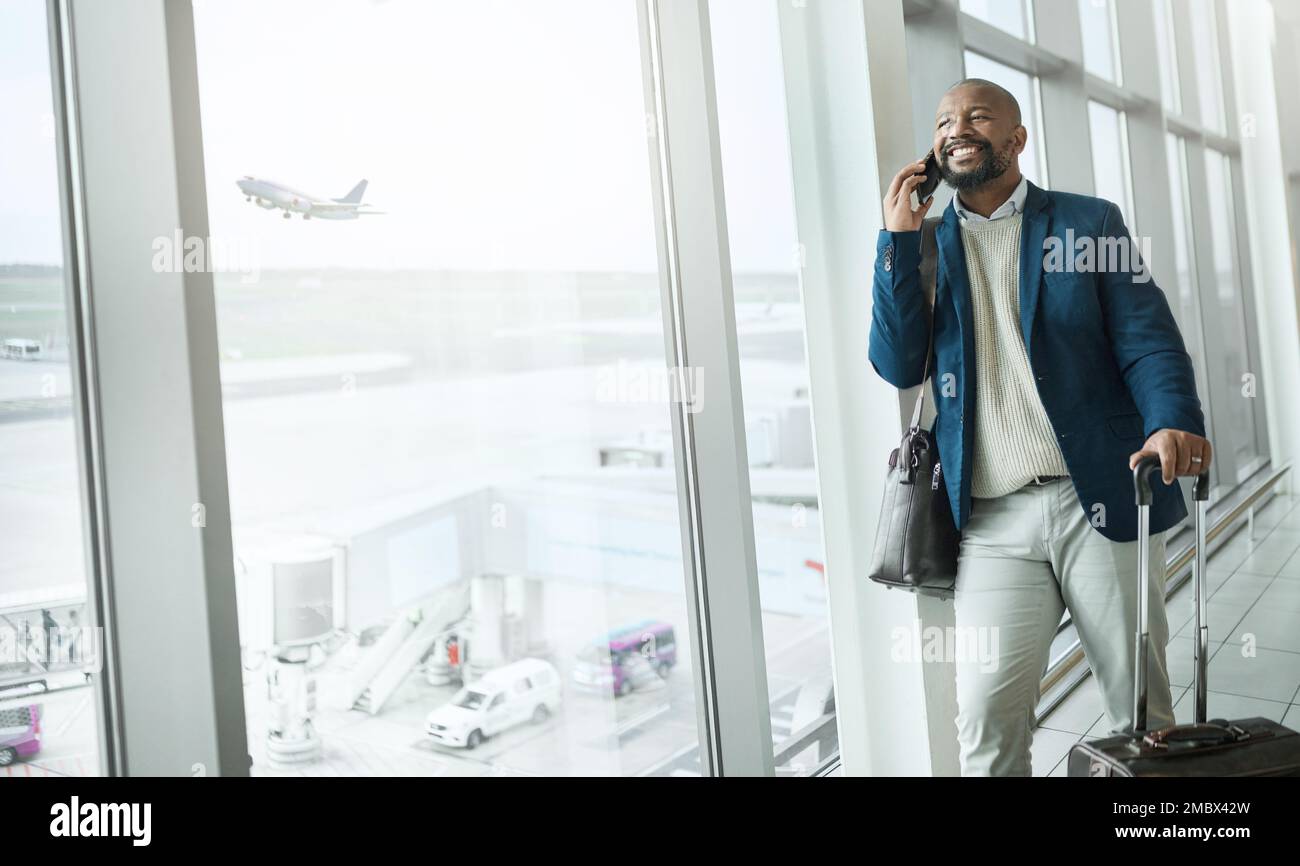 Businessman, phone call and luggage waiting at airport for travel, work ...