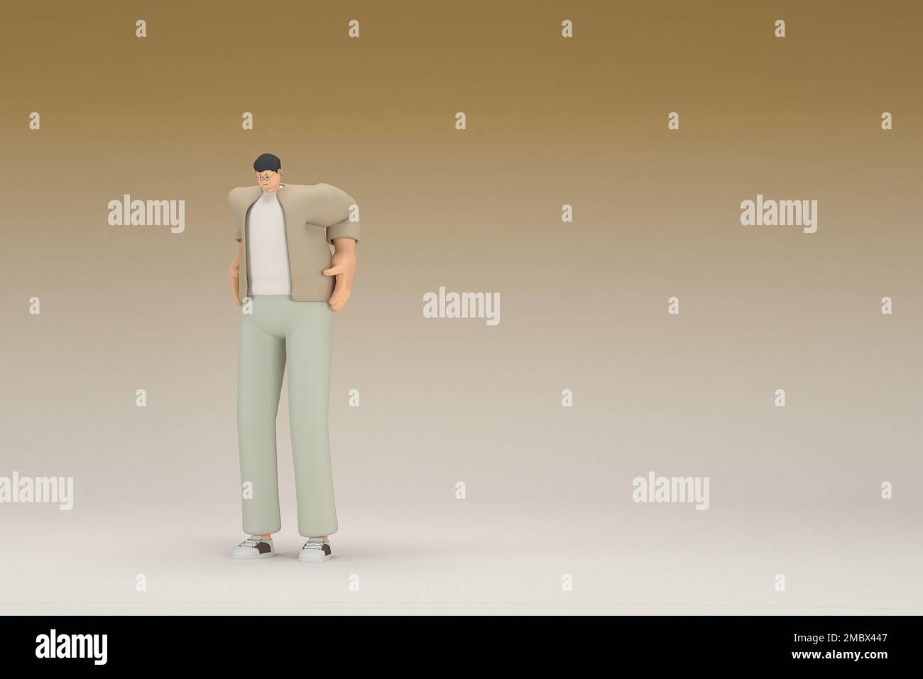 A man with glasses wearing brown cloth. He is sad or in pain. 3d ...