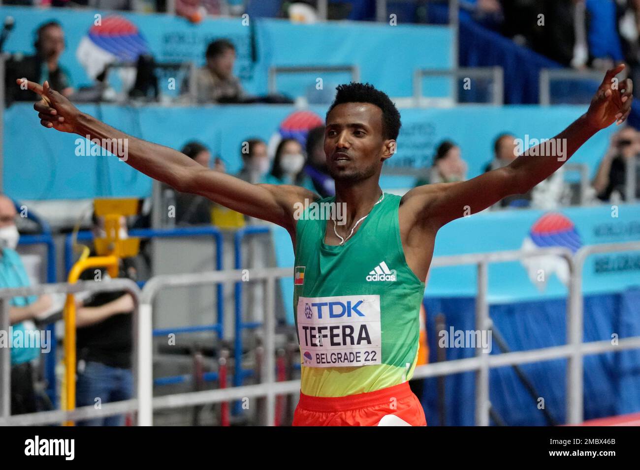 Samuel Tefera, of Ethiopia, reacts as he crosses the finish line to win the Men's 1500 meters at ...