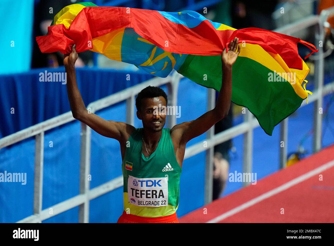 Samuel Tefera, of Ethiopia, celebrates after winning the Men's 1500 ...