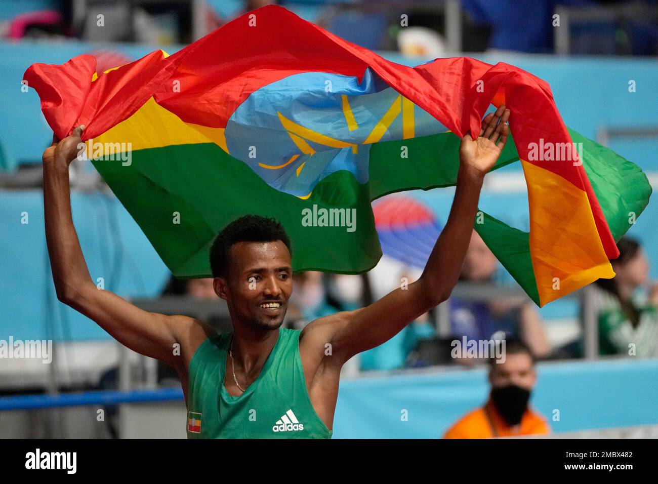Samuel Tefera, of Ethiopia, celebrates after winning the Men's 1500 ...