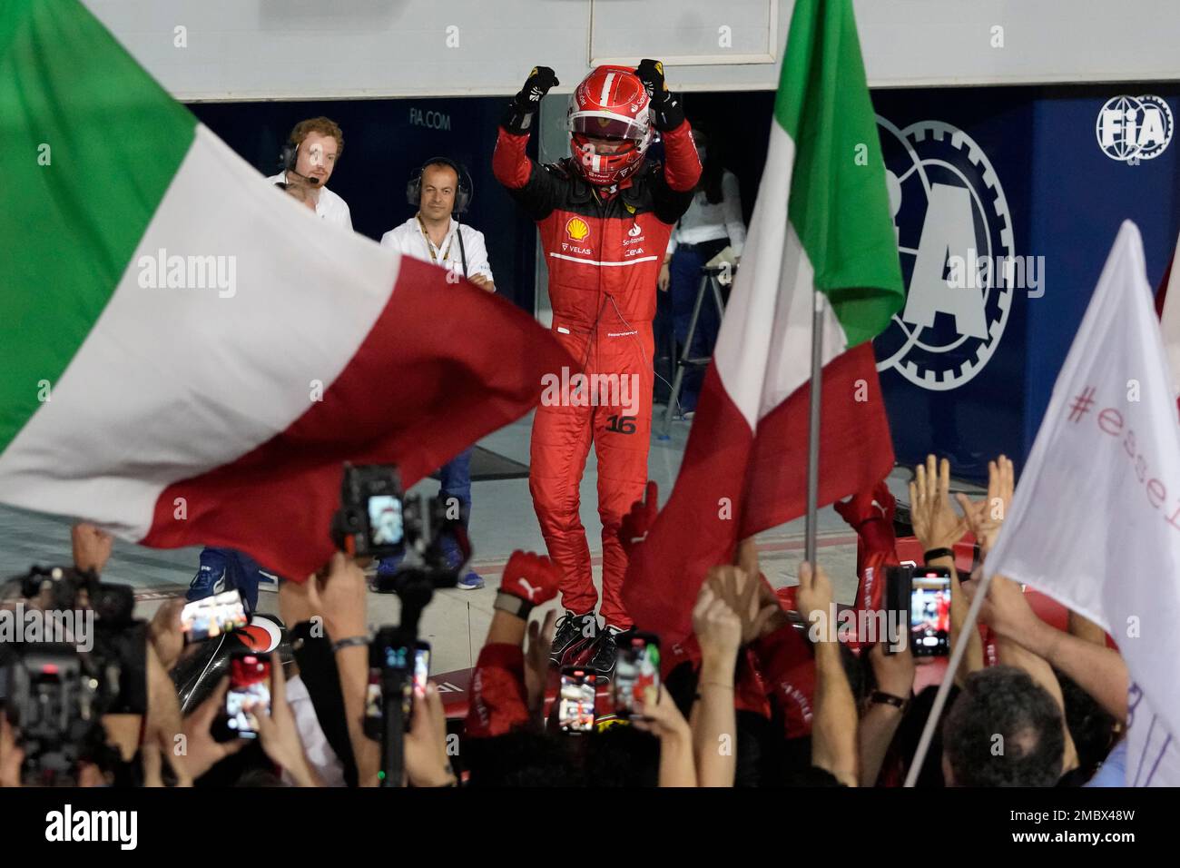 Ferrari driver Charles Leclerc of Monaco celebrates after he won the ...