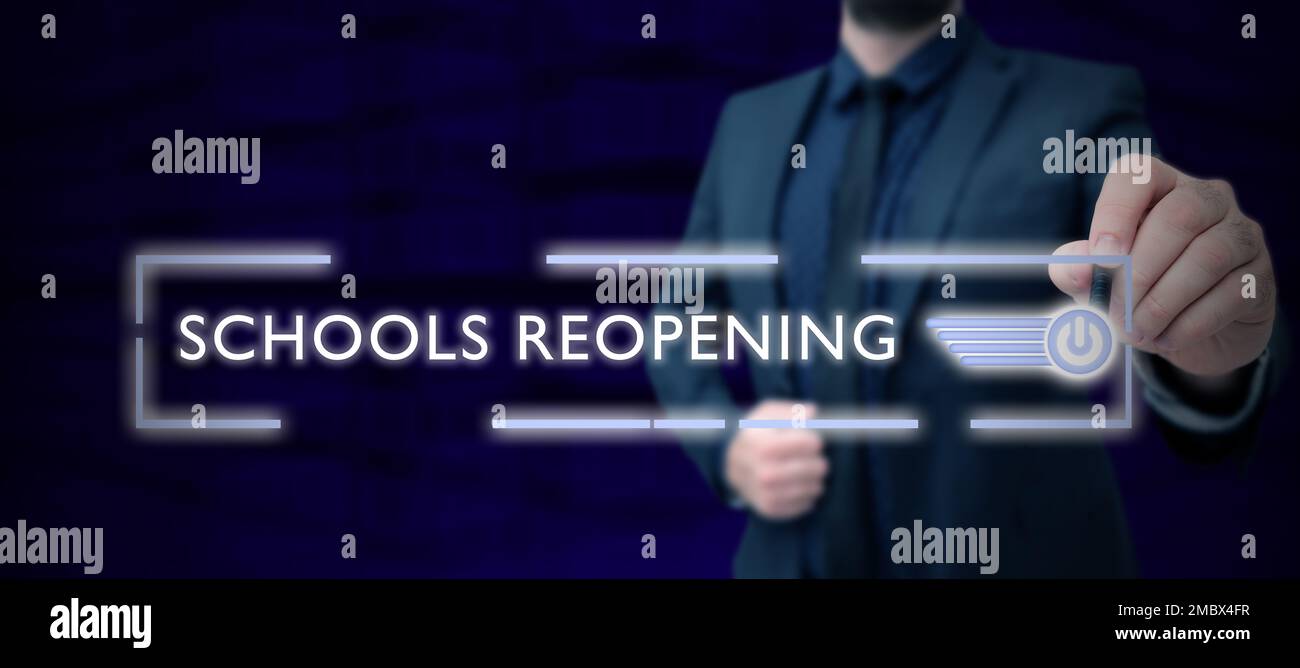 Text sign showing Schools Reopening. Concept meaning classes are over ...