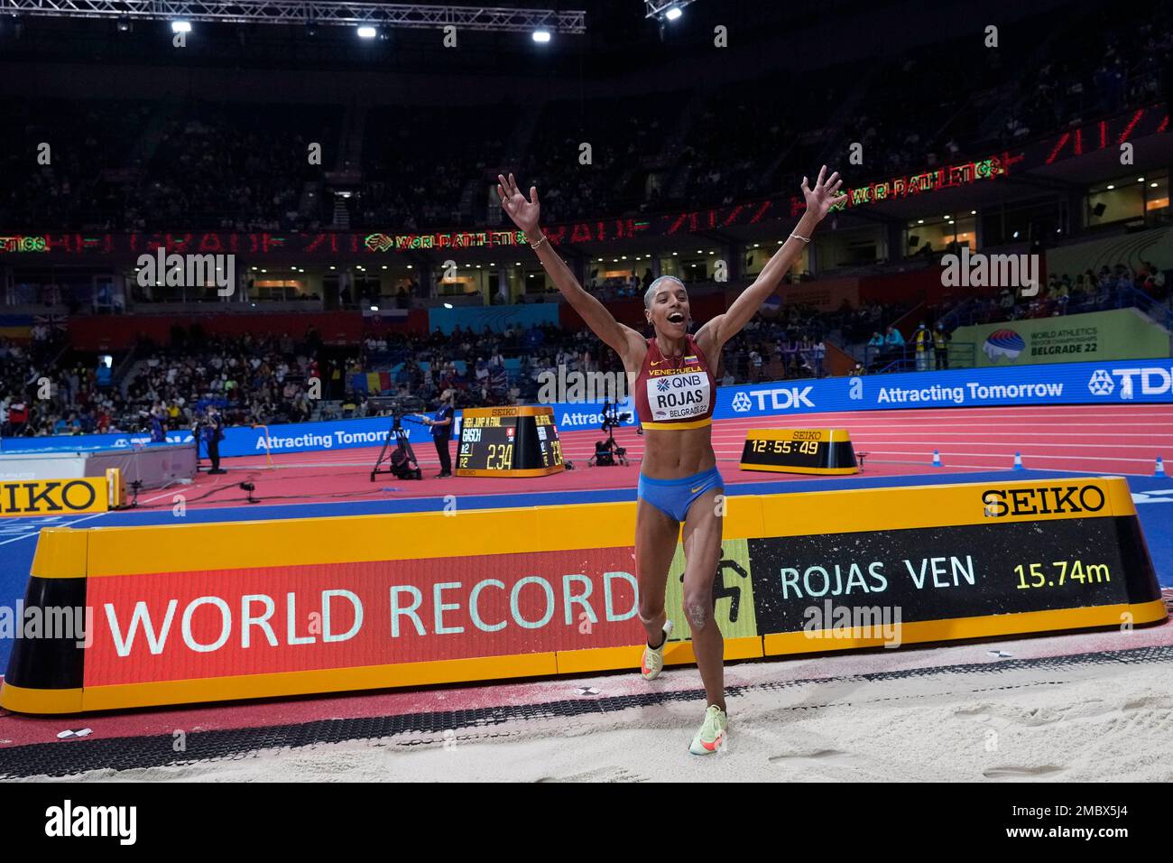 Yulimar Rojas, of Venezuela, reacts after setting a new world record in ...