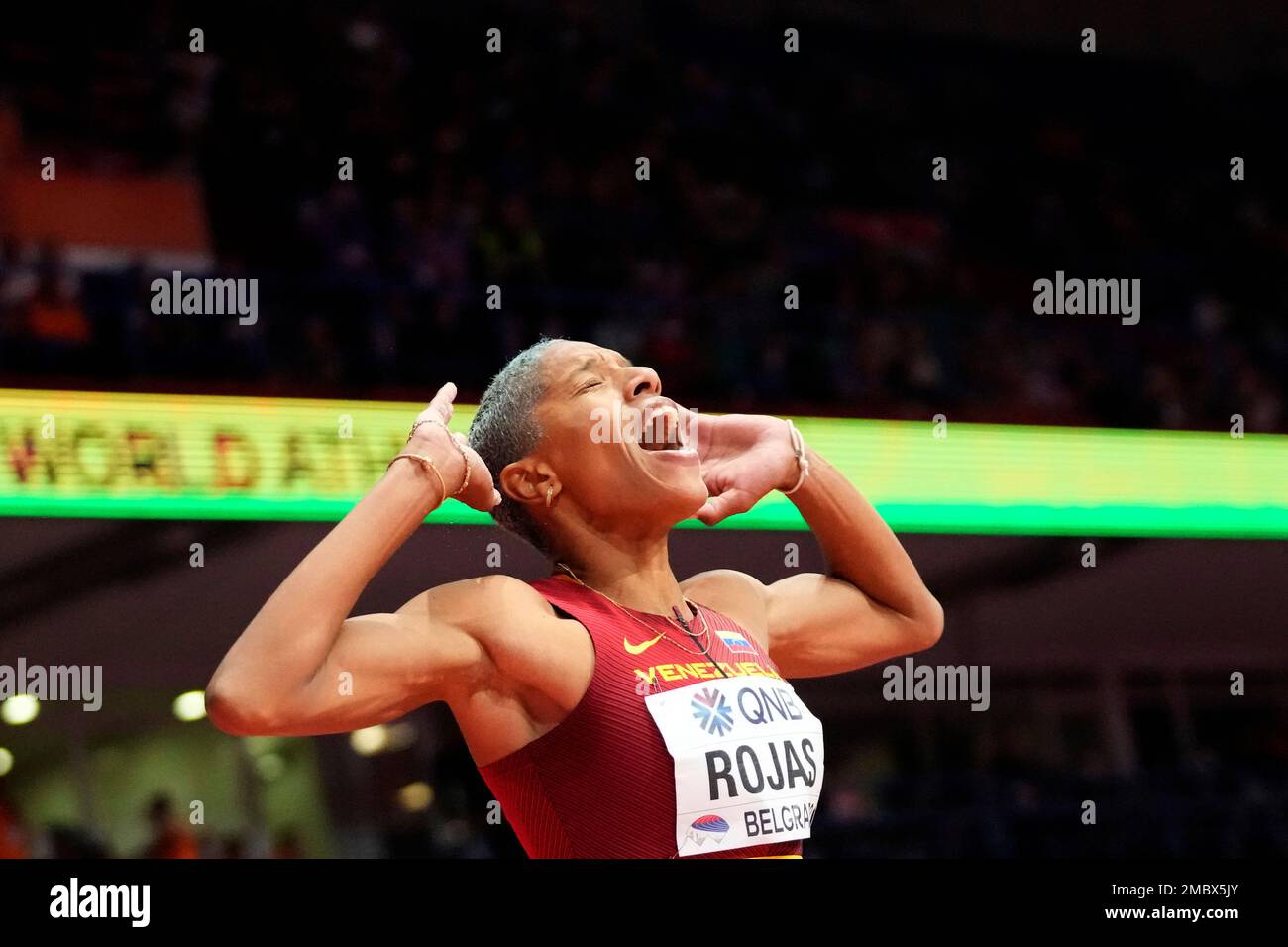 Yulimar Rojas, of Venezuela, reacts after an attempt in the Women's ...