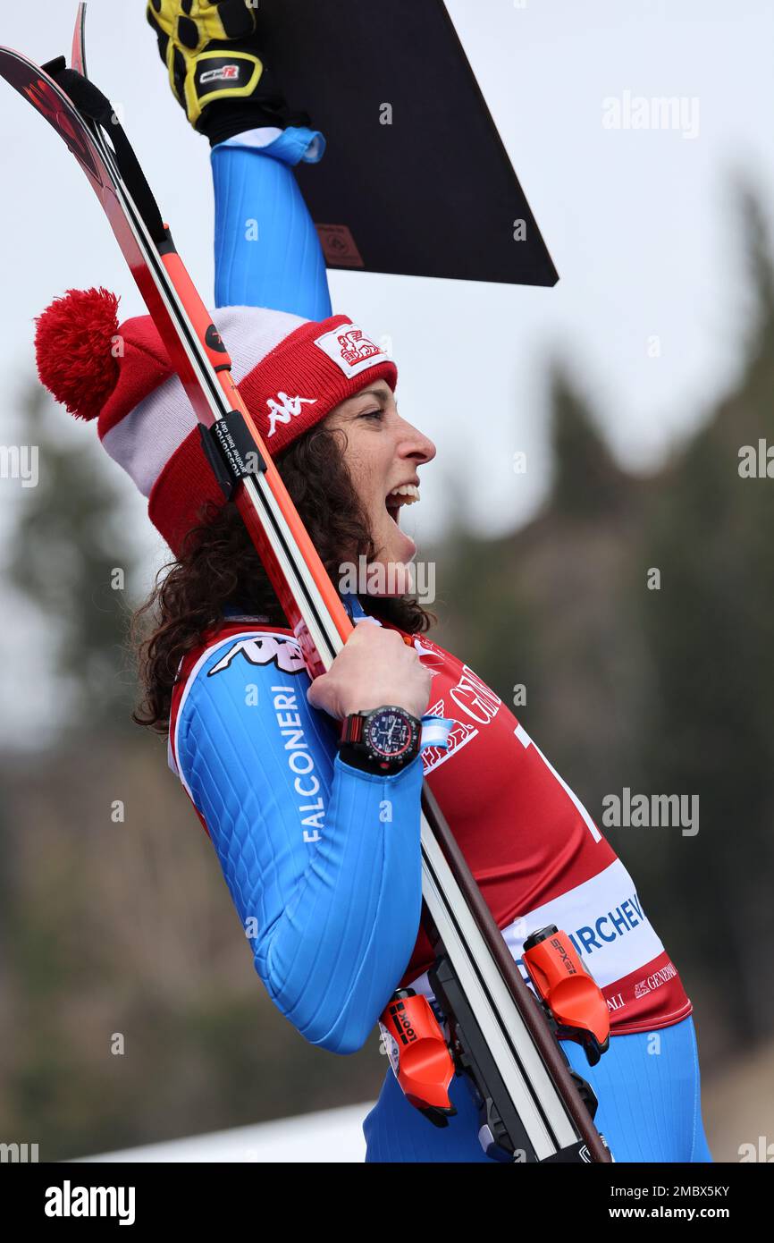 Italy's Federica Brignone celebrates on the podium after winning an ...