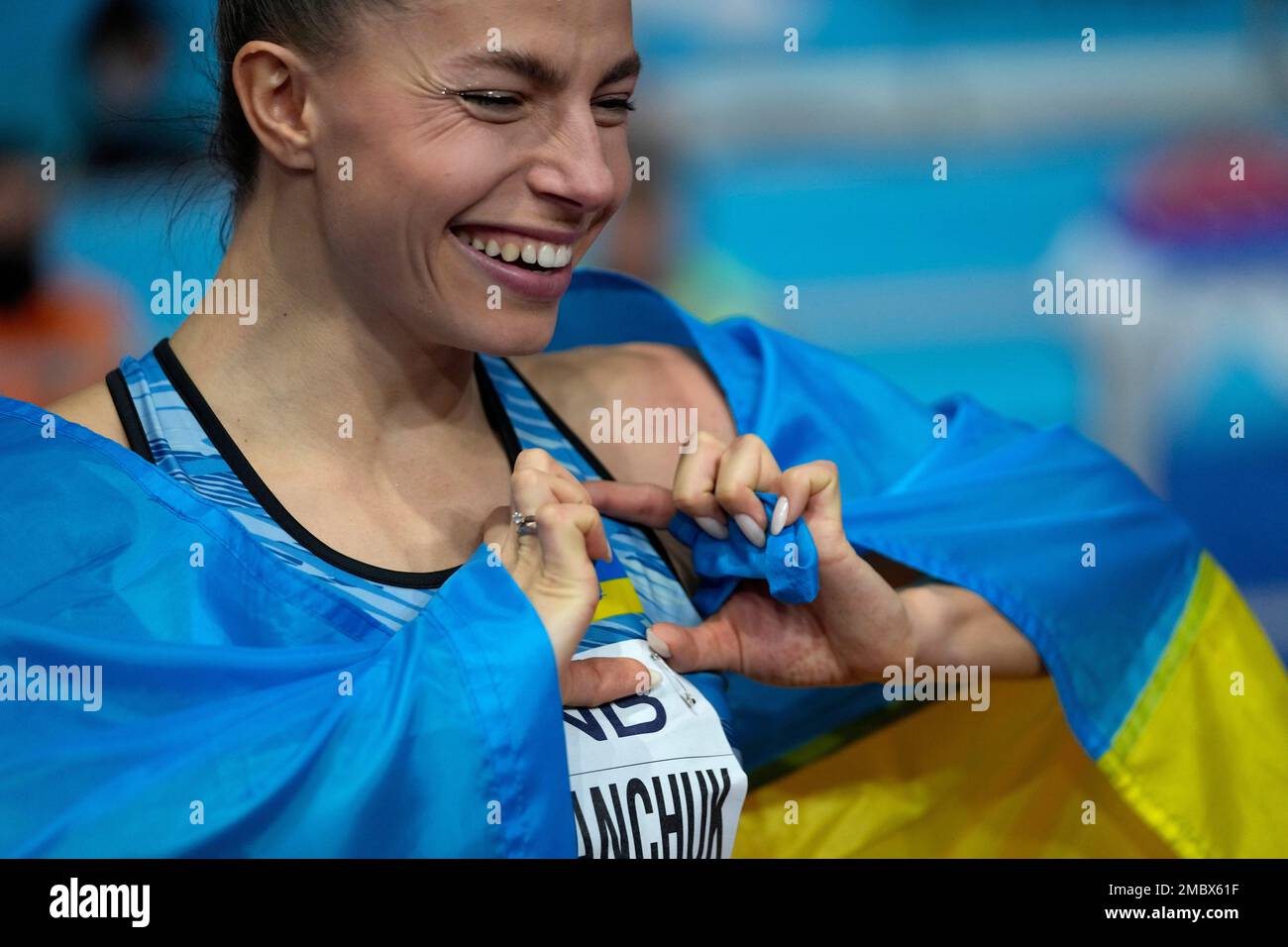 Maryna Bekh-Romanchuk, of Ukraine, gestures after winning the silver ...
