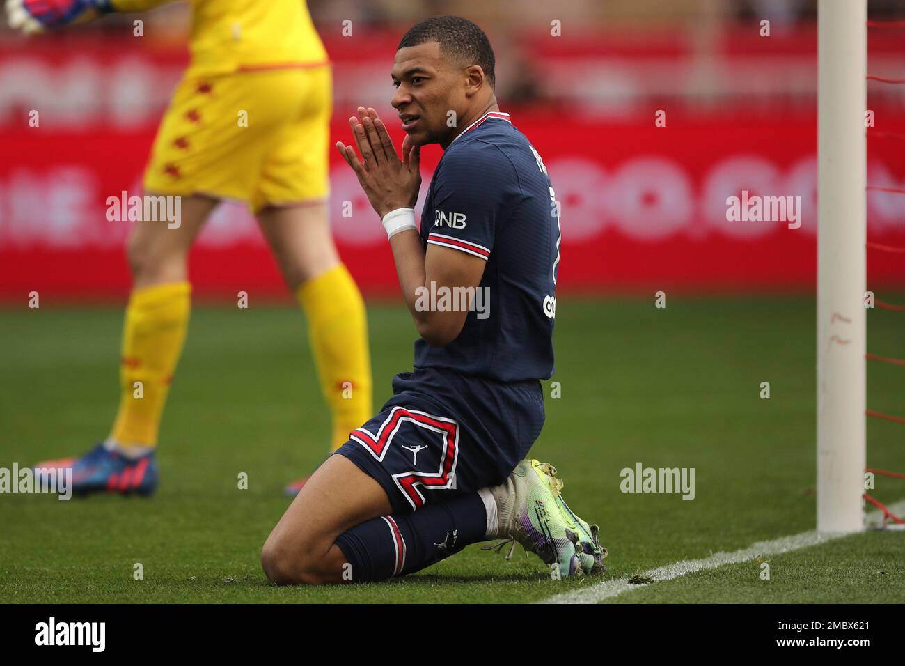 PSG's Kylian Mbappe reacts after missing a scoring chance during the ...