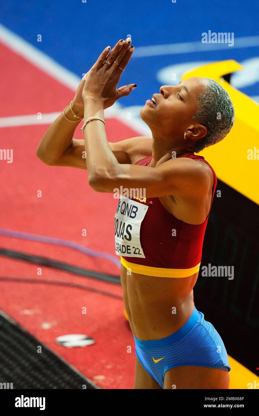 Yulimar Rojas, of Venezuela, reacts after setting a new world record in ...