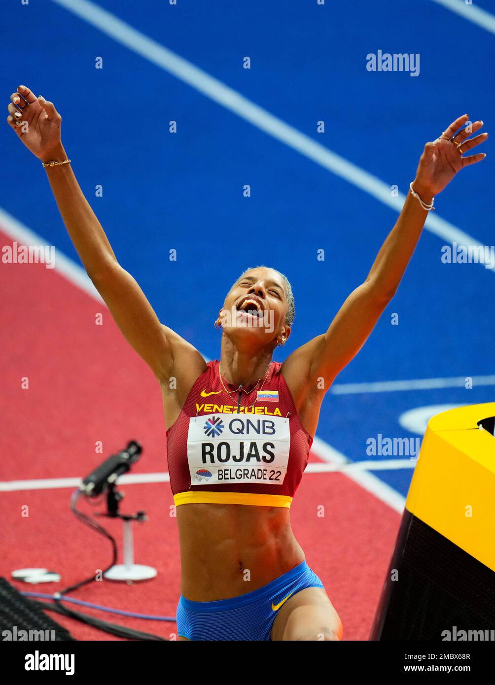 Yulimar Rojas, of Venezuela, reacts after setting a new world record in ...