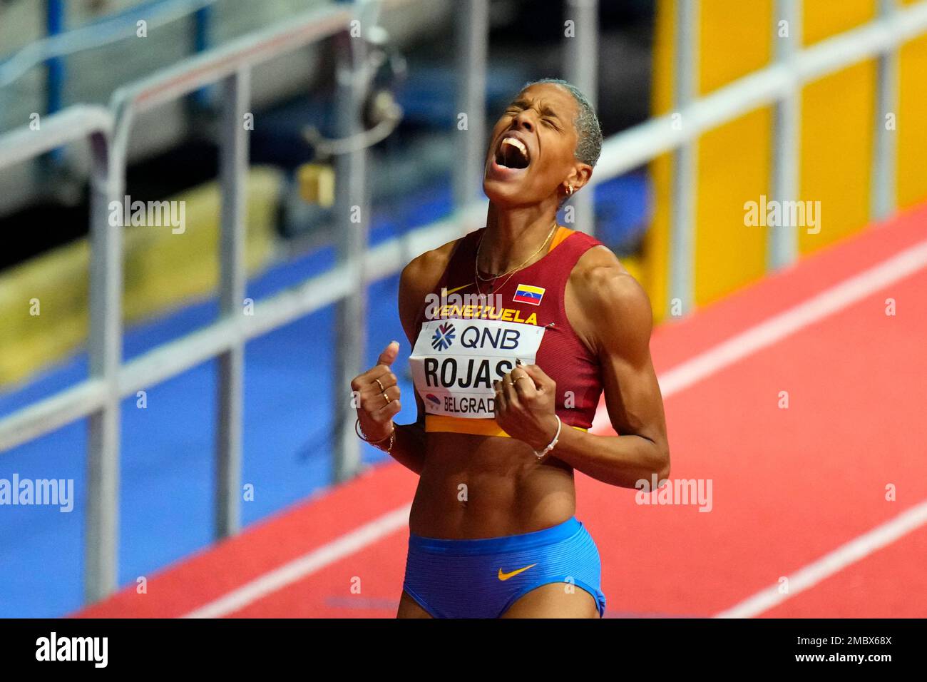 Yulimar Rojas, of Venezuela, reacts after setting a new world record in ...
