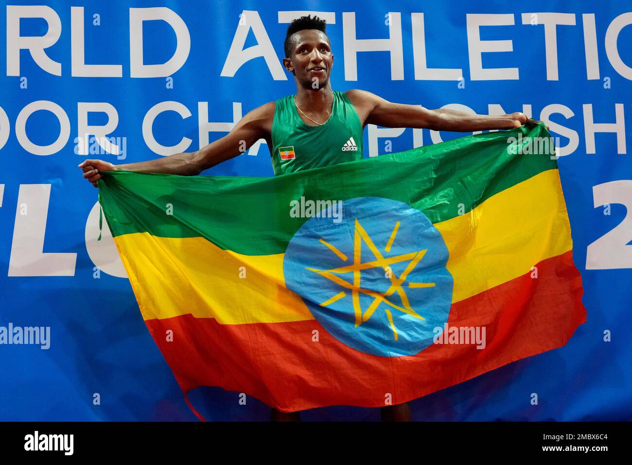 Selemon Barega, of Ethiopia, celebrates, after winning the Men's 3000 ...