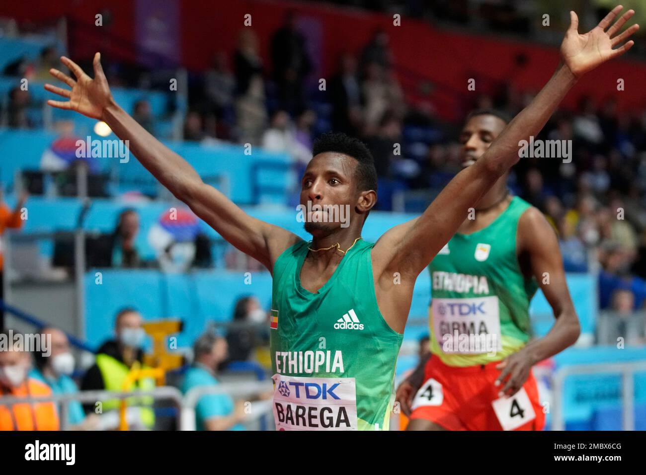 Selemon Barega, of Ethiopia, celebrates, after winning the Men's 3000 ...