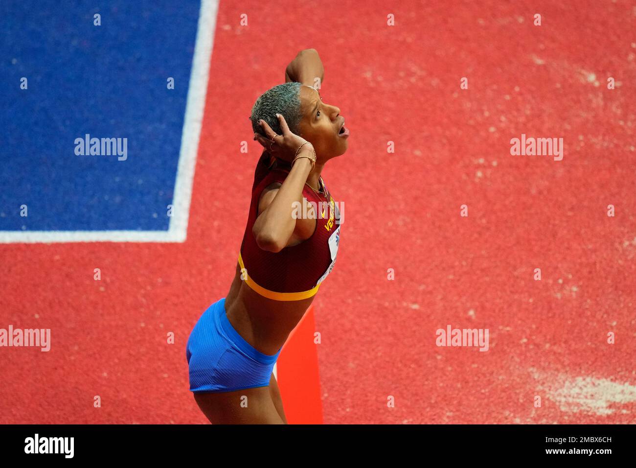 Yulimar Rojas, of Venezuela, reacts after an attempt in the Women's ...