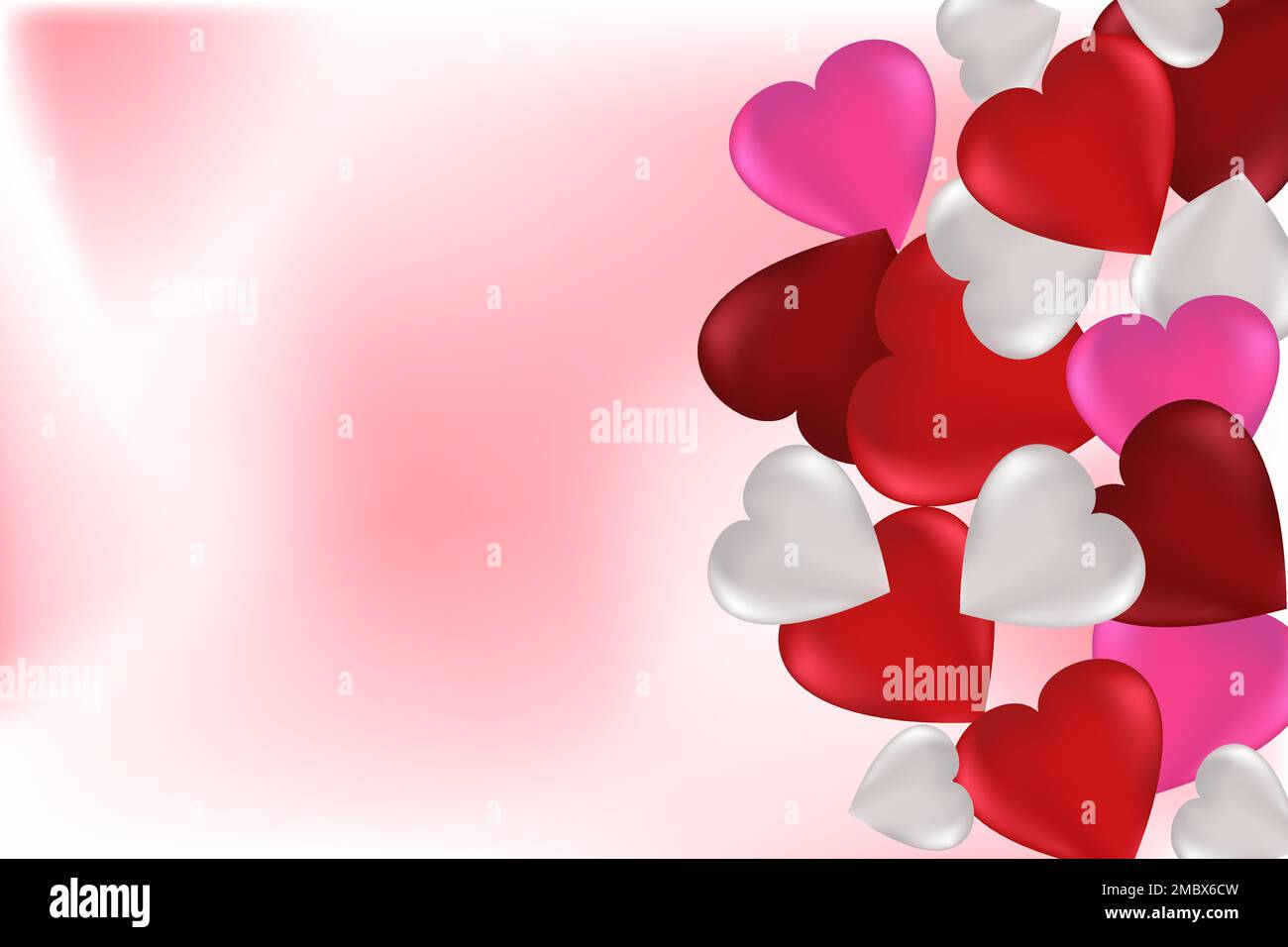 Multicolored hearts on a white and pink background with copy space ...
