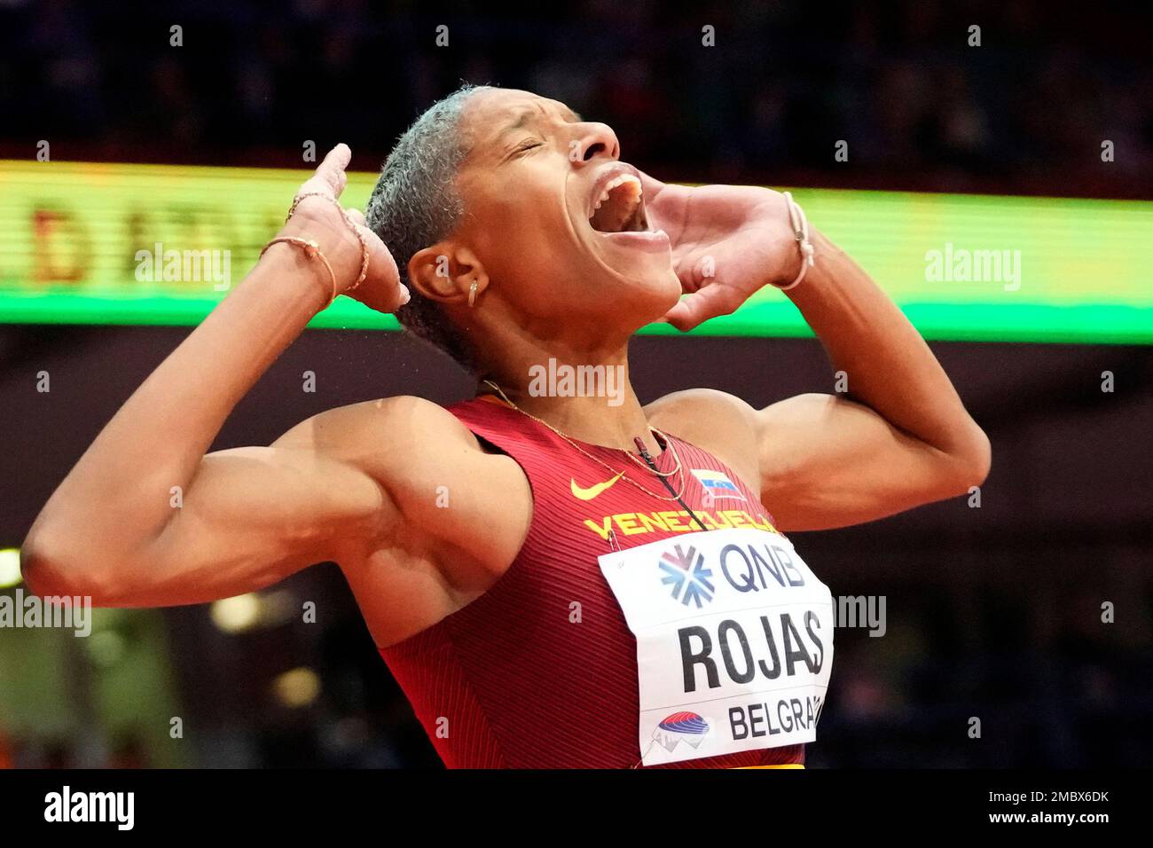 Yulimar Rojas, of Venezuela, reacts after an attempt in the Women's ...