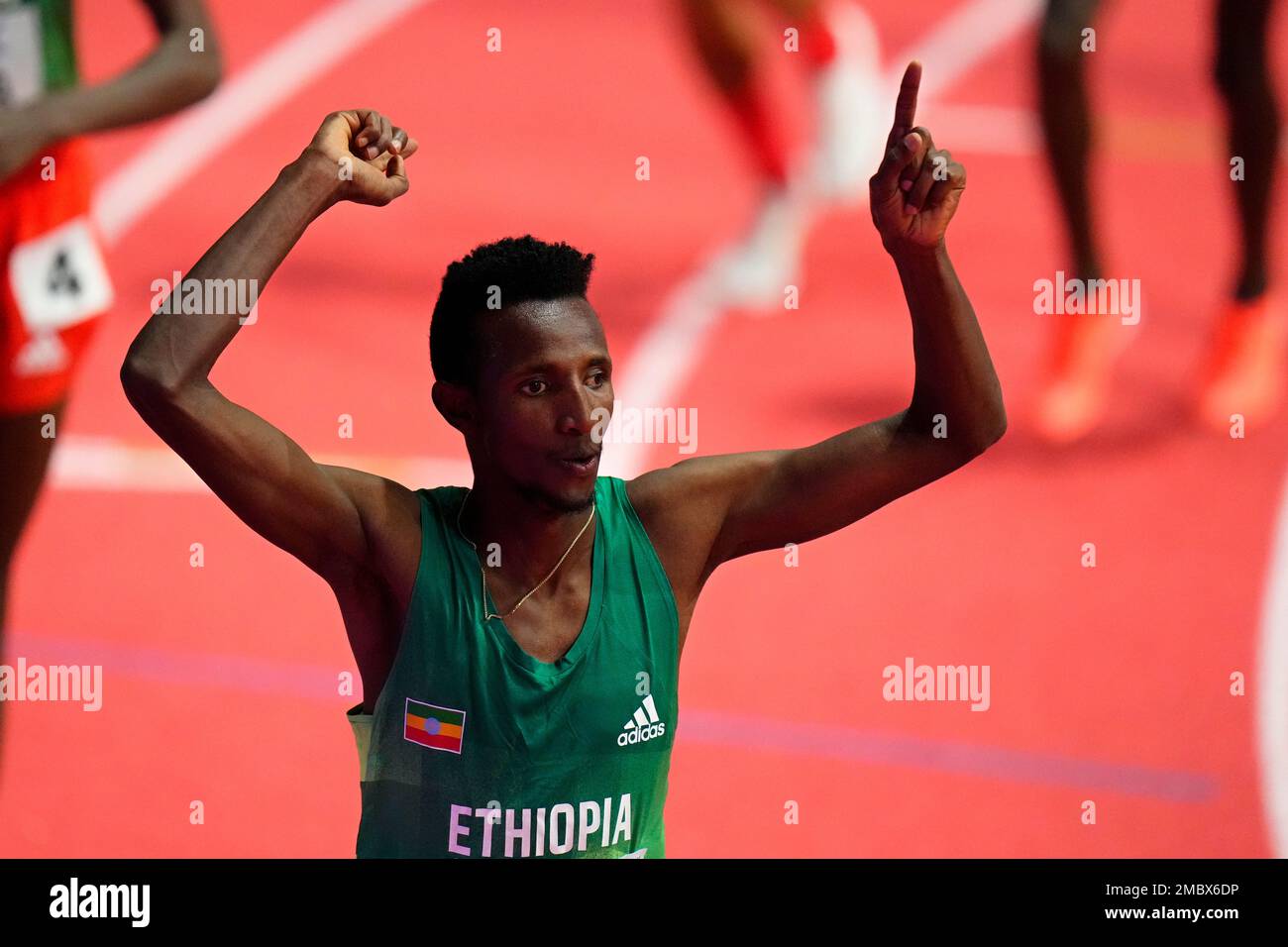 Selemon Barega, of Ethiopia, celebrates, after winning the Men's 3000 ...