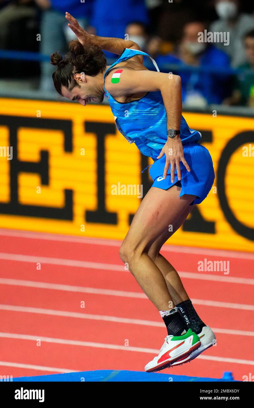 Gianmarco Tamberi, of Italy, reacts after an attempt in the Men's high ...