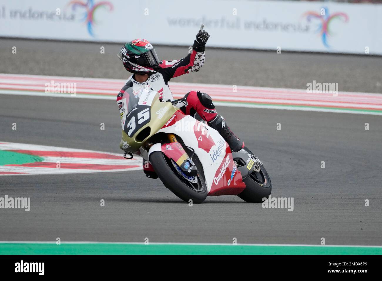 Thailand's rider Somkiat Chantra of IDEMITSU Honda team Asia celebrates ...