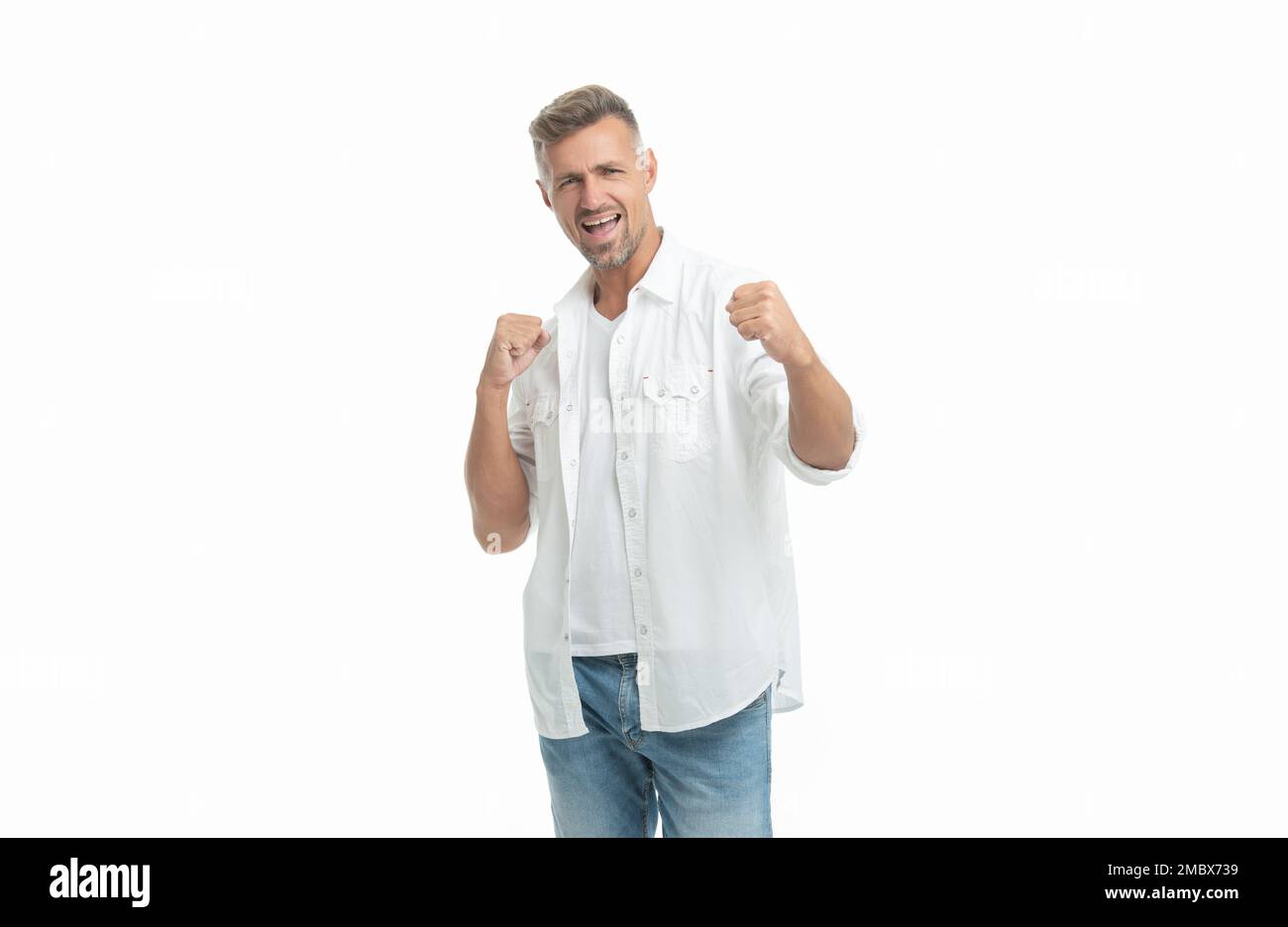 winning mature unshaven guy isolated on white background. unshaven guy ...